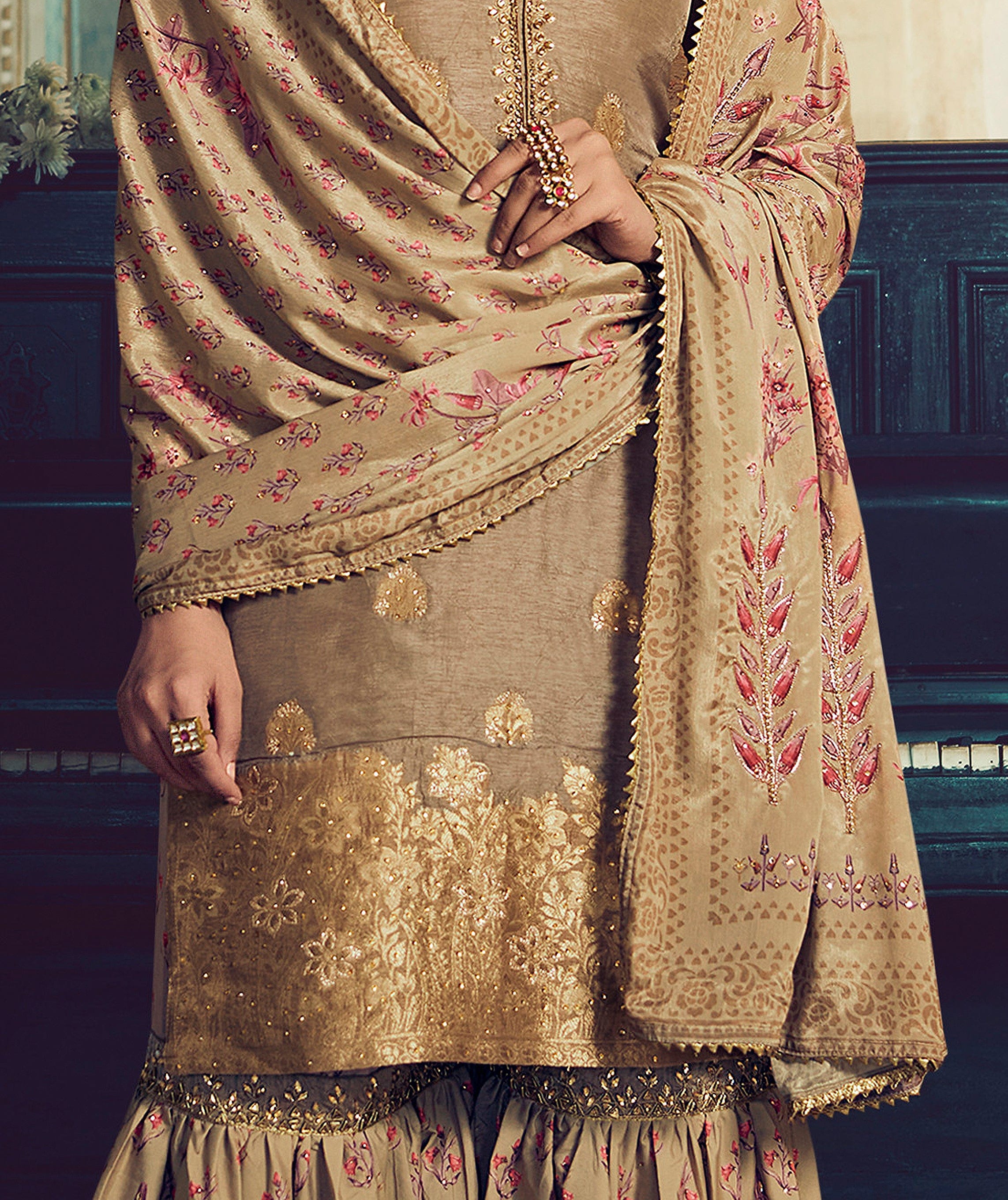 Camel Beige Designer Embroidered Silk Wedding Gharara Suit | Saira's ...