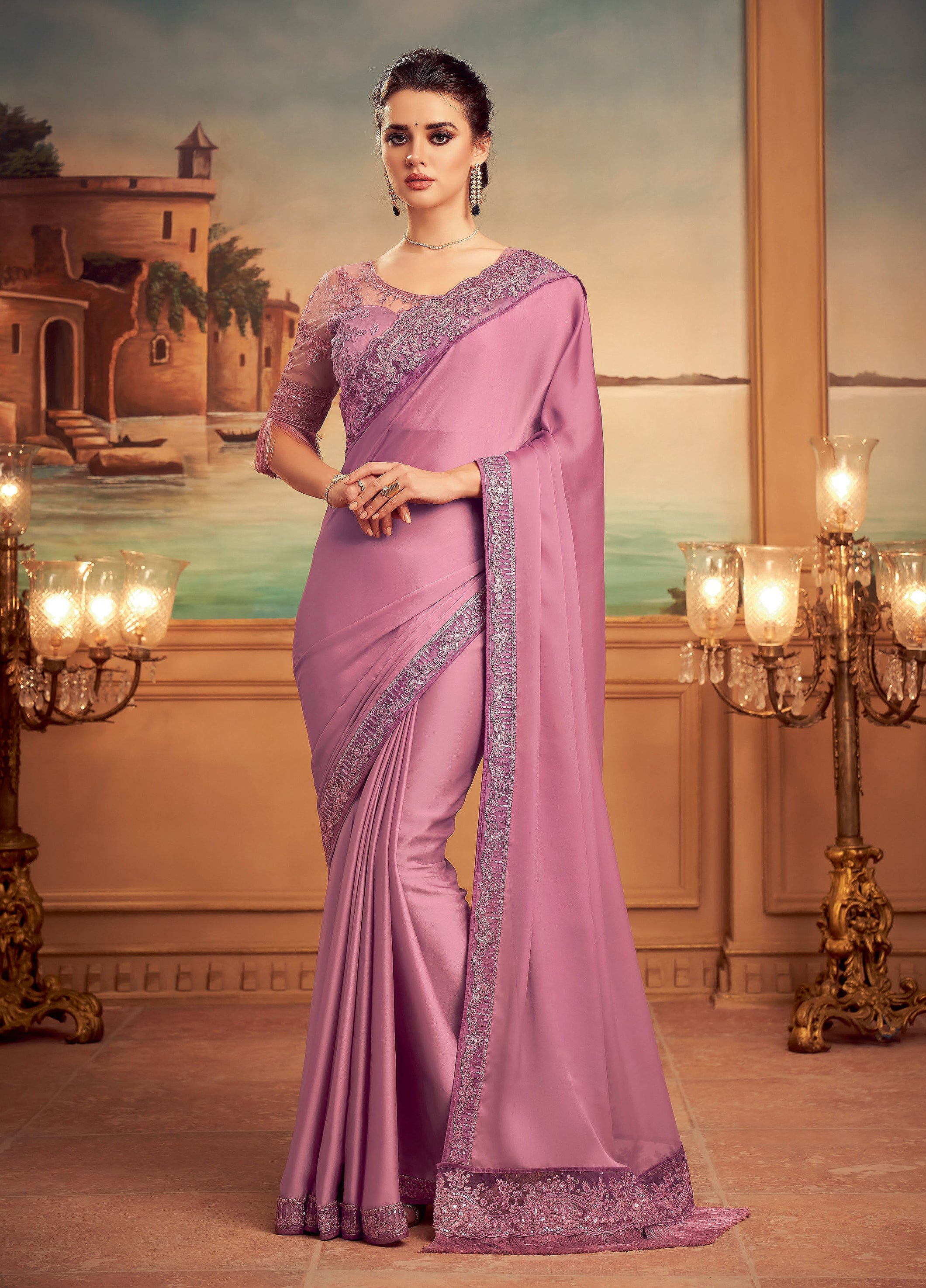 Puce Pink Designer Embroidered Silk Party Wear Saree | Saira's Boutique