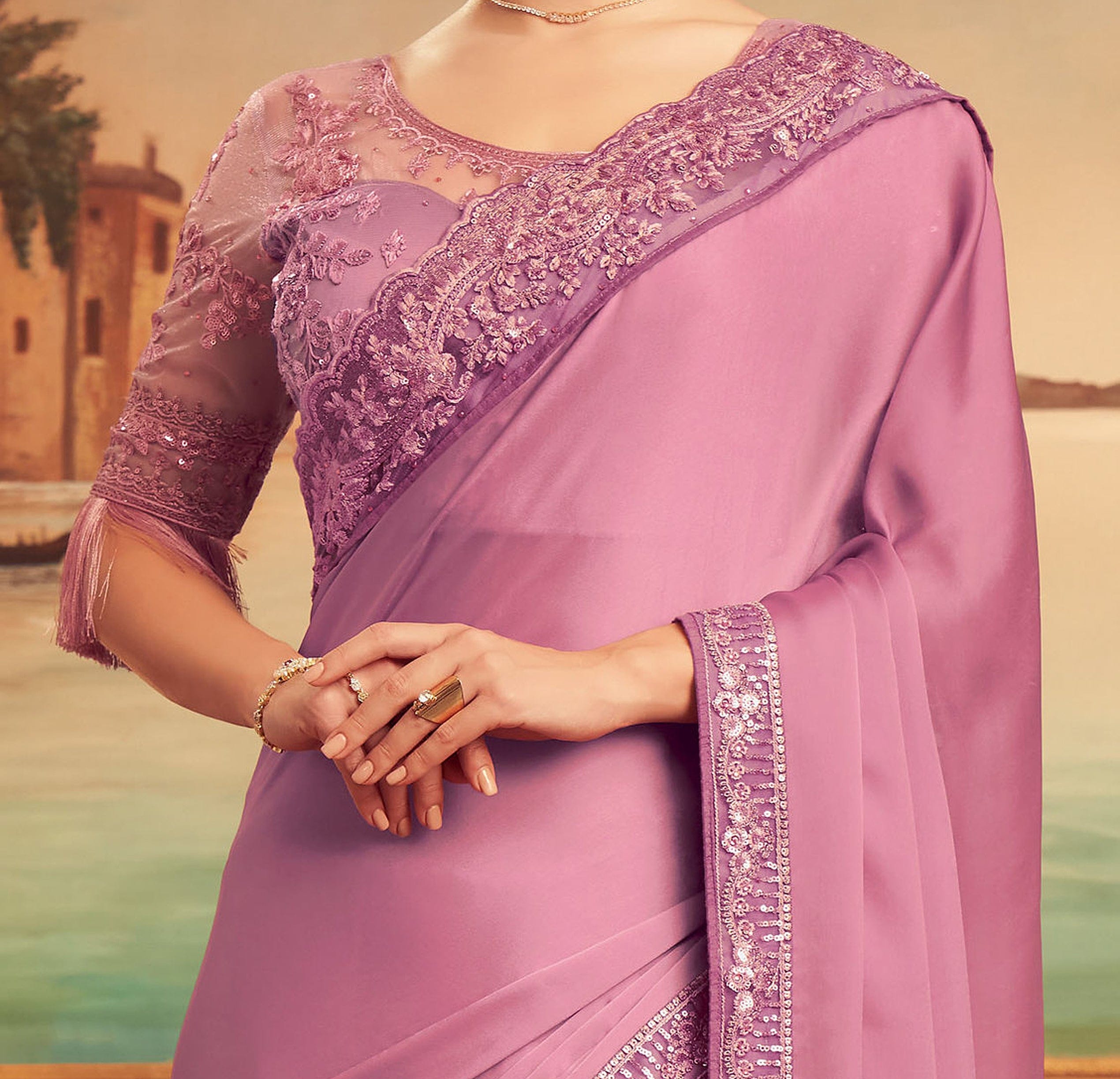 Puce Pink Designer Embroidered Silk Party Wear Saree | Saira's Boutique