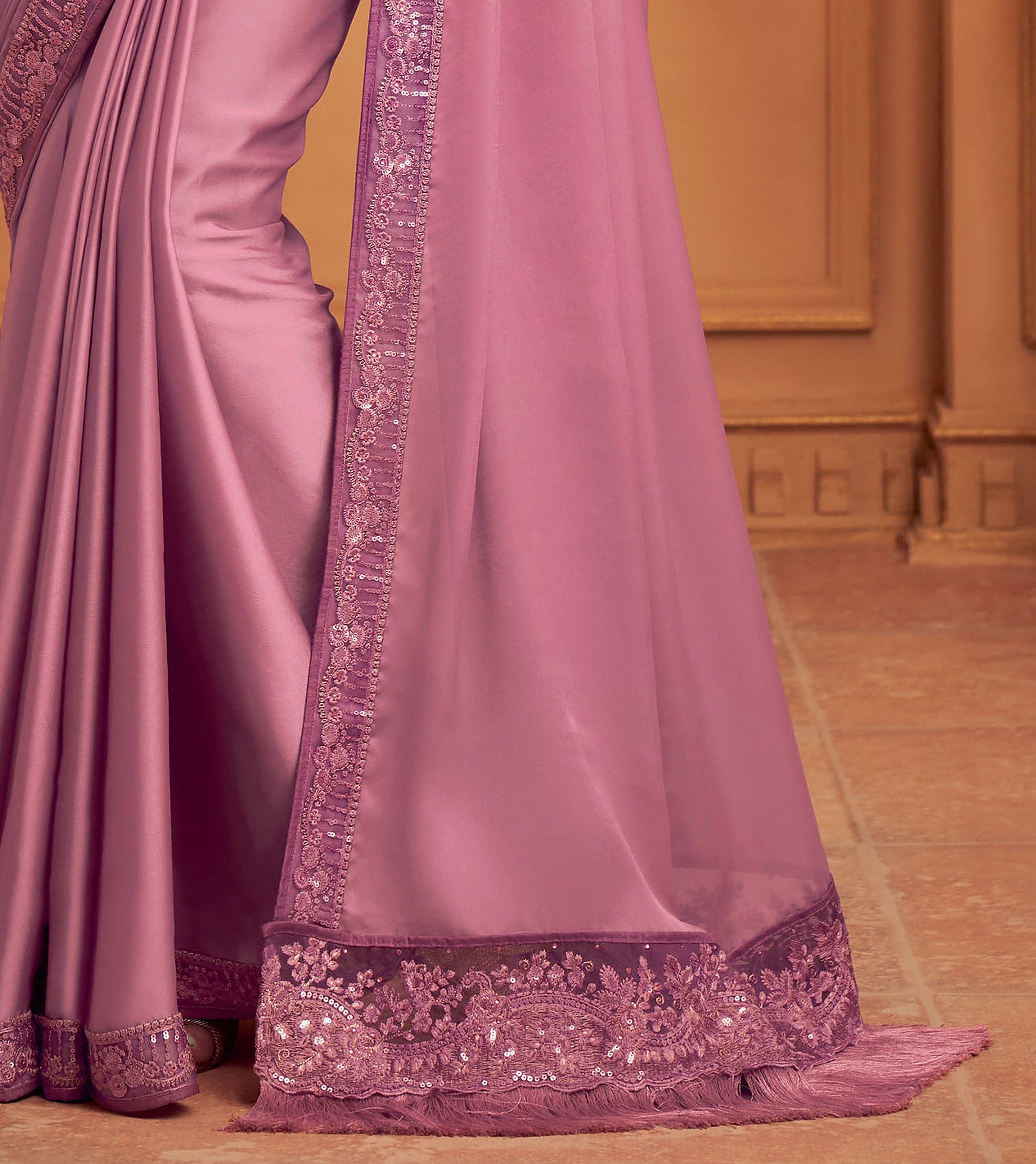 Puce Pink Designer Embroidered Silk Party Wear Saree | Saira's Boutique