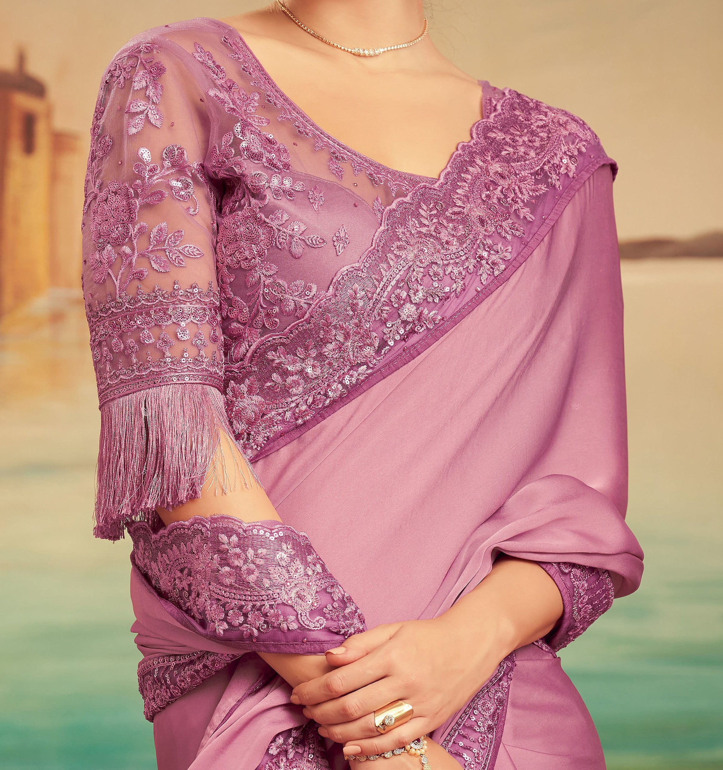 Puce Pink Designer Embroidered Silk Party Wear Saree | Saira's Boutique